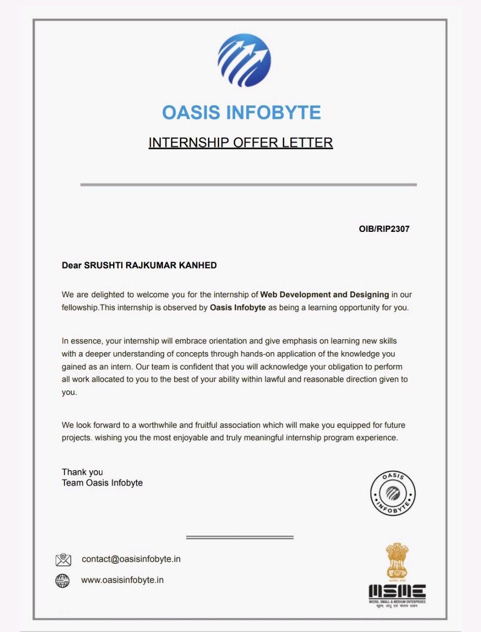 Srushti Kanhed on LinkedIn: #oasisinfobyte #webdevelopment #internship Srushti Kanhed on LinkedIn: #oasisinfobyte #webdevelopment #internship