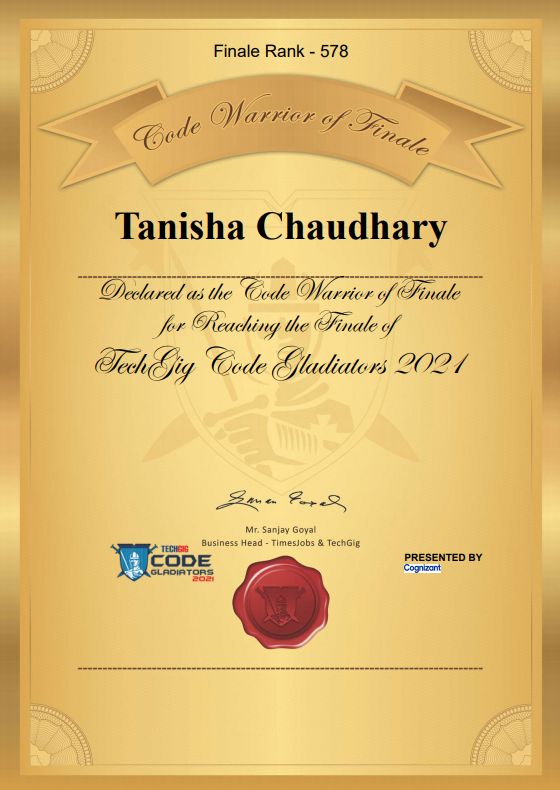 Tanisha Chaudhary on LinkedIn: #techgig #codegladiators2021 # ... Tanisha Chaudhary on LinkedIn: #techgig #codegladiators2021 # ...