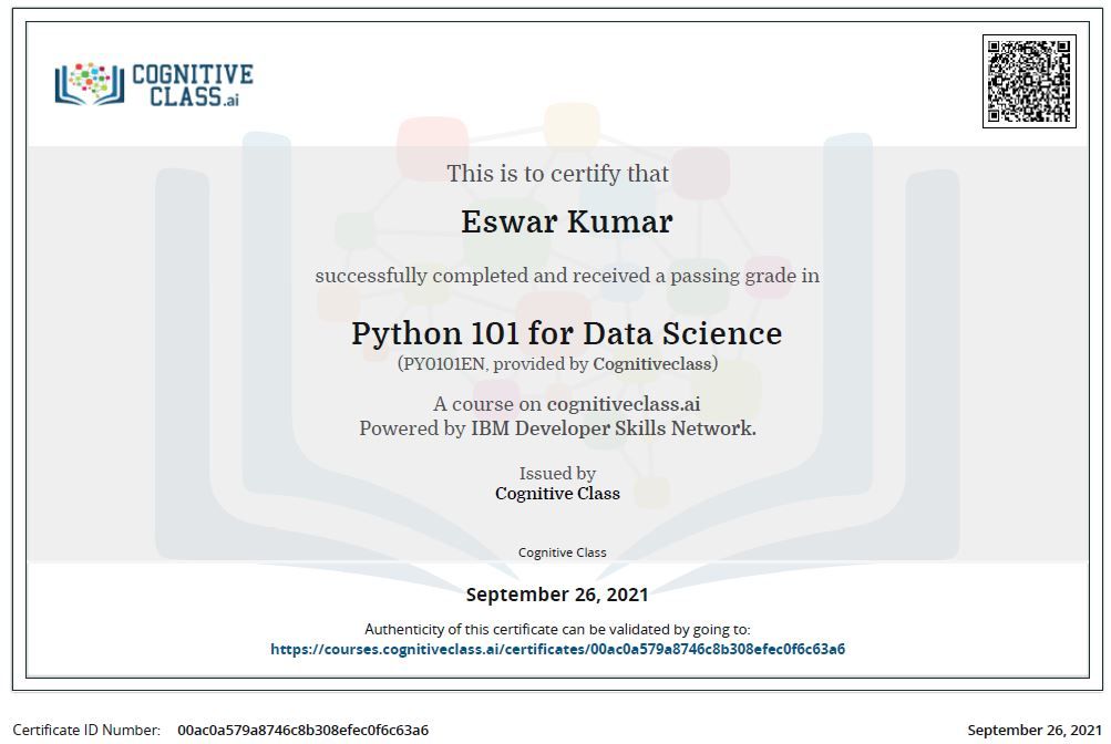 Eswar Kumar B. on LinkedIn: #python #datascience #certification Eswar Kumar B. on LinkedIn: #python #datascience #certification