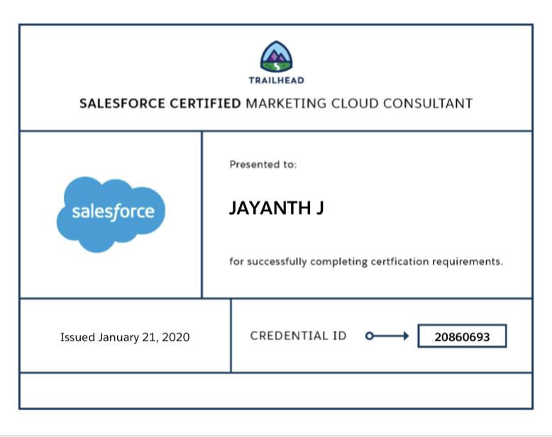 Jayanth J ☁️ on LinkedIn: #salesforcecertified #marketingcloud #trailhead Jayanth J ☁️ on LinkedIn: #salesforcecertified #marketingcloud #trailhead