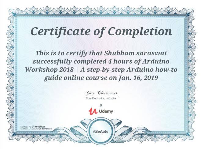 Arduino certificate | Shubham saraswat Arduino certificate | Shubham saraswat