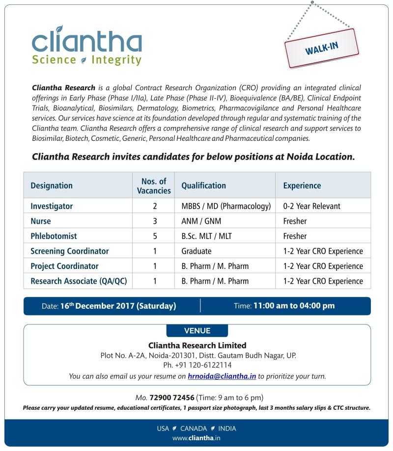 Anshika Sharma on LinkedIn: Walk in Interview in Cliantha Research ... Anshika Sharma on LinkedIn: Walk in Interview in Cliantha Research ...