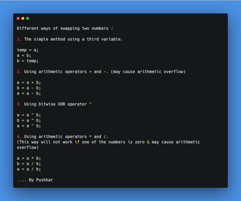 Pushkar Kumar on LinkedIn: Different ways of swapping two numbers ... Pushkar Kumar on LinkedIn: Different ways of swapping two numbers ...