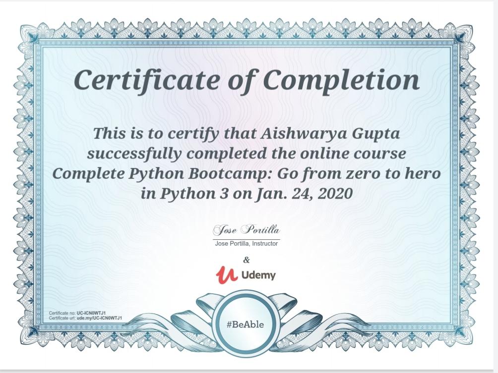 Recently received certificate in Python. Thanks Jose Marcial Portilla ... Recently received certificate in Python. Thanks Jose Marcial Portilla ...