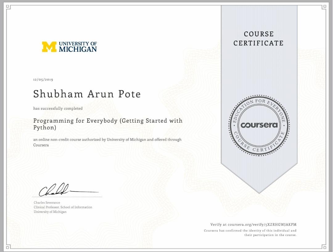 Shubham Pote on LinkedIn: #python #programming #universityofmichigan Shubham Pote on LinkedIn: #python #programming #universityofmichigan