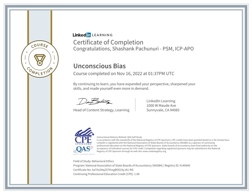 Certificate of Completion | Shashank Pachunuri - PSM, ICP-APO Certificate of Completion | Shashank Pachunuri - PSM, ICP-APO