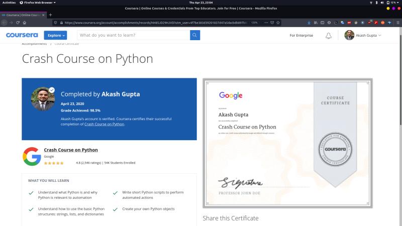 Akash Gupta on LinkedIn: Completed Crash course on Python from coursera ... Akash Gupta on LinkedIn: Completed Crash course on Python from coursera ...