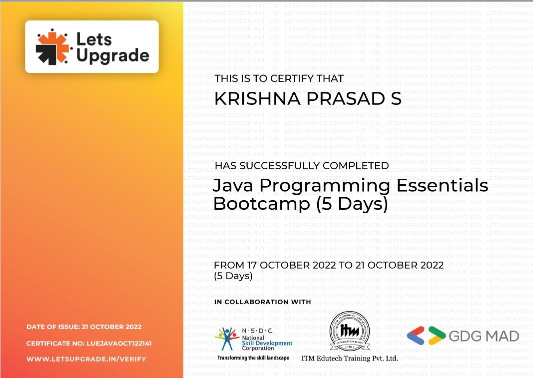 KRISHNA PRASAD S on LinkedIn: #javaprogramming #letsupgrade #bootcamp KRISHNA PRASAD S on LinkedIn: #javaprogramming #letsupgrade #bootcamp