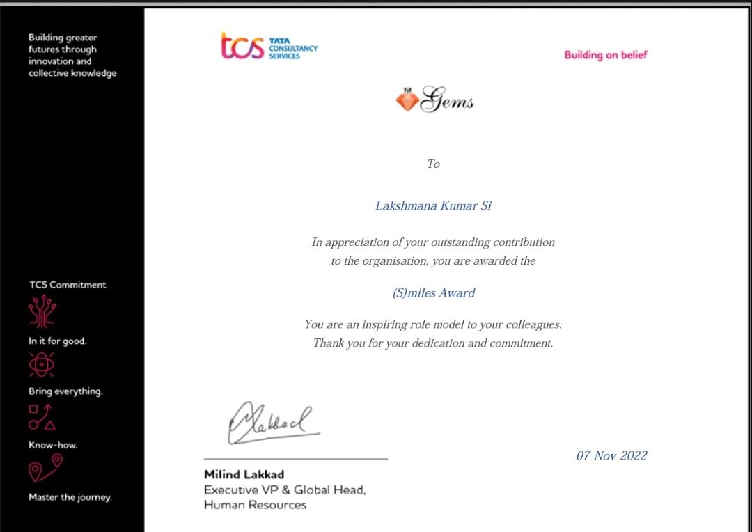 Lakshmana Kumar SI on LinkedIn: smiles award from Tcs😍🥰 Lakshmana Kumar SI on LinkedIn: smiles award from Tcs😍🥰