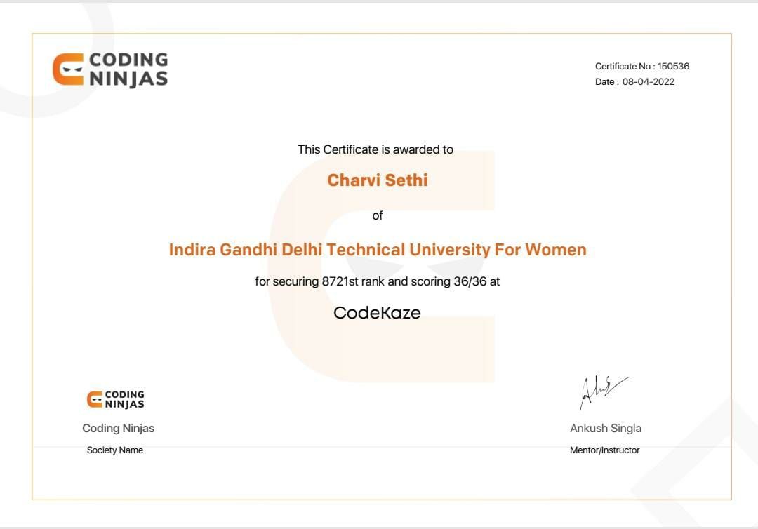 Charvi Sethi on LinkedIn: #india #connections #codekaze #codingninjas # ... Charvi Sethi on LinkedIn: #india #connections #codekaze #codingninjas # ...
