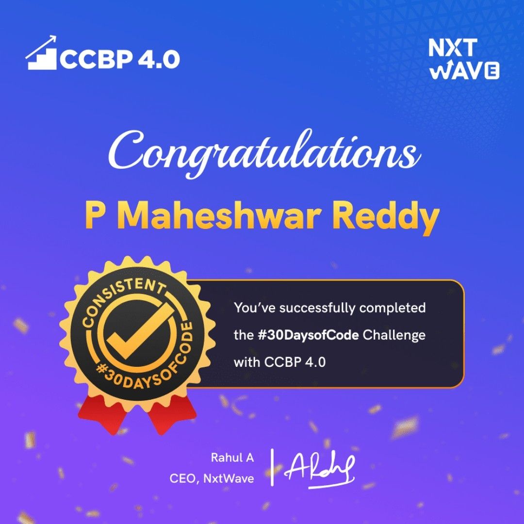Maheshwar Reddy P on LinkedIn: #30daysofcode Maheshwar Reddy P on LinkedIn: #30daysofcode