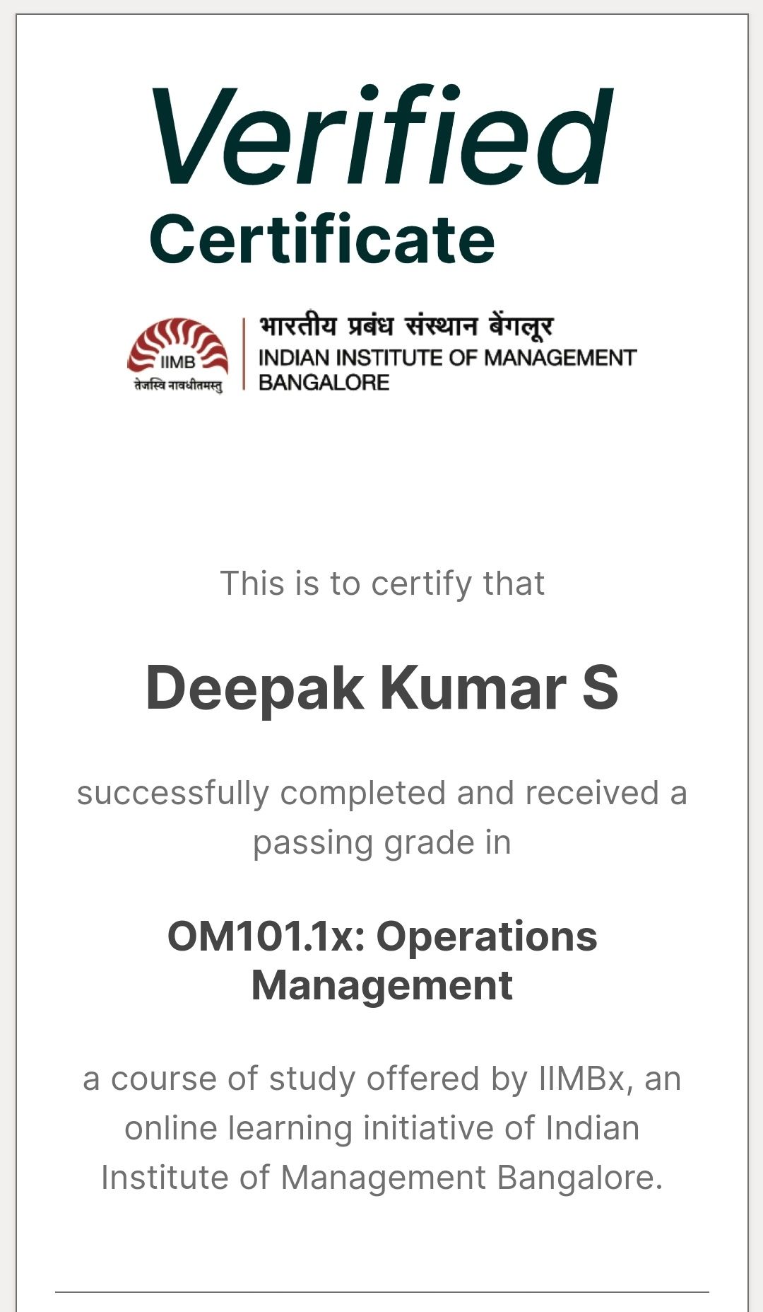 Deepak Kumar Selvaraj on LinkedIn: #iimbangalore #operationsmanagement Deepak Kumar Selvaraj on LinkedIn: #iimbangalore #operationsmanagement