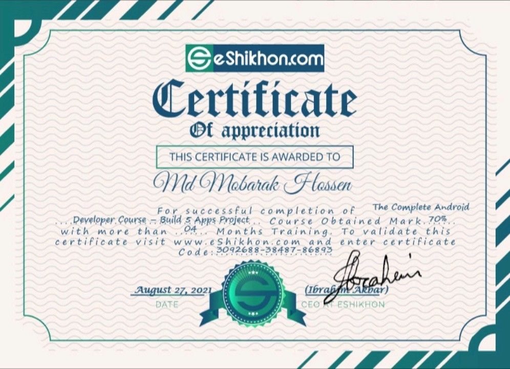 Md Mobarak Hossen on LinkedIn: #certificate #android Md Mobarak Hossen on LinkedIn: #certificate #android