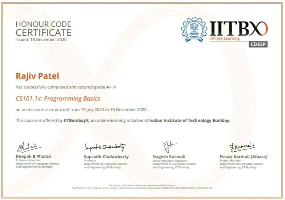 #programmingbasics #iitbombay #certificate | Rajiv Patel #programmingbasics #iitbombay #certificate | Rajiv Patel