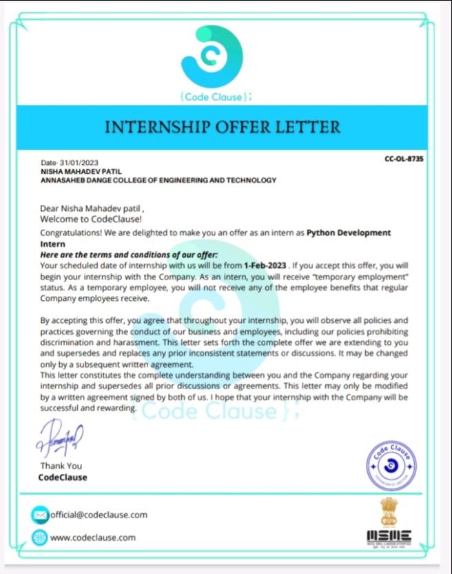 Nisha Patil on LinkedIn: #pythondeveloper #internship #python Nisha Patil on LinkedIn: #pythondeveloper #internship #python