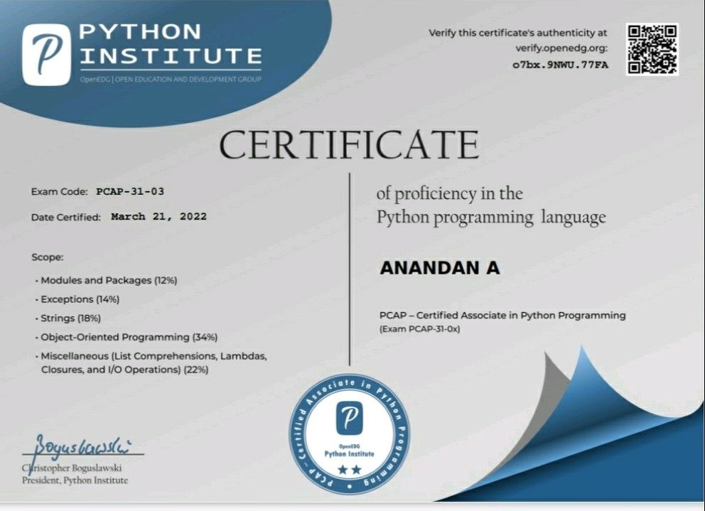 ANANDAN A on LinkedIn: #python #pcap #pythoninstitute #certification # ... ANANDAN A on LinkedIn: #python #pcap #pythoninstitute #certification # ...