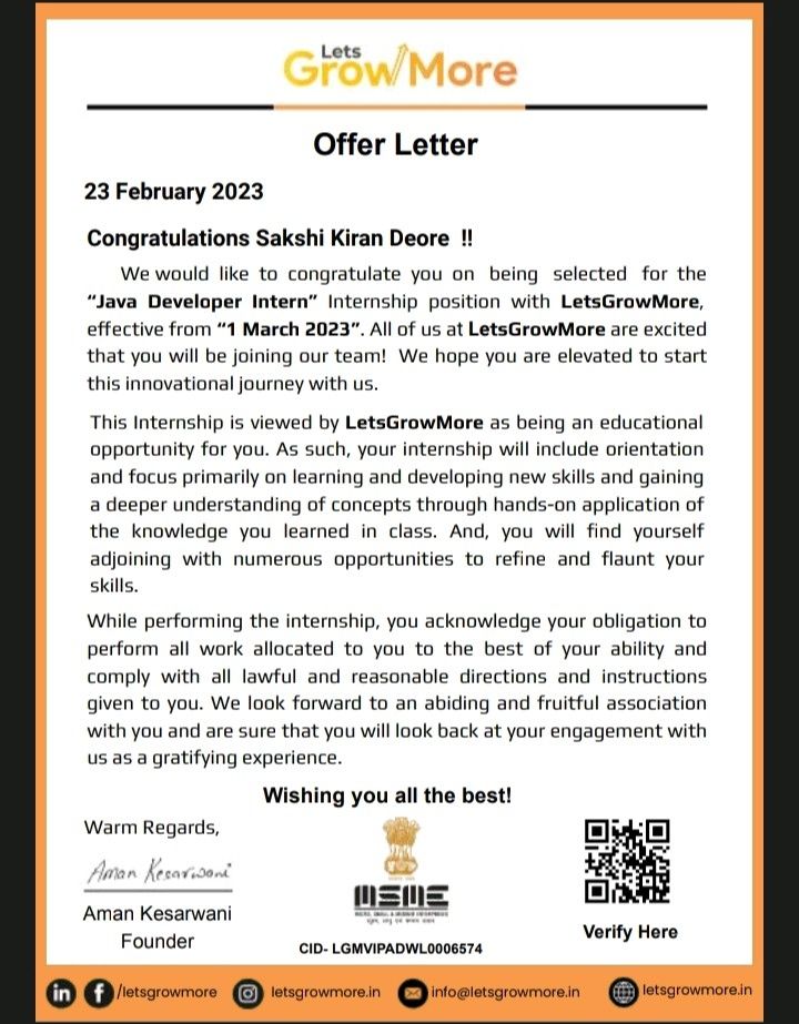 Sakshi Deore on LinkedIn: #javadeveloper #letsgrowmore #intern # ... Sakshi Deore on LinkedIn: #javadeveloper #letsgrowmore #intern # ...