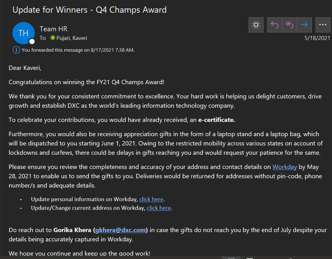 Kaveri Pujari on LinkedIn: Thank you DXC Technology for Champion Award ... Kaveri Pujari on LinkedIn: Thank you DXC Technology for Champion Award ...