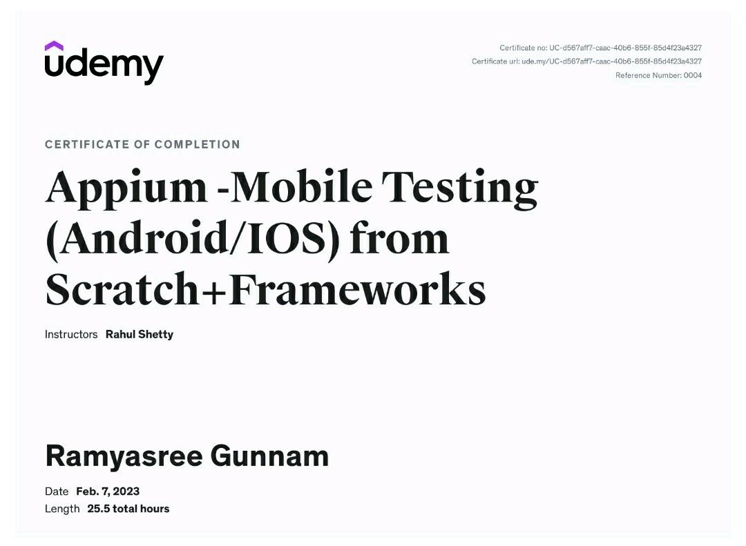 Successfully completed the course 'Appiun-Mobile Testing (Android/IOS ... Successfully completed the course 'Appiun-Mobile Testing (Android/IOS ...