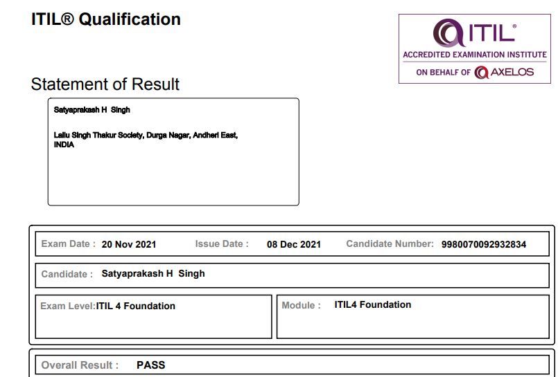 Satyaprakash Singh on LinkedIn: Completed ITIL 4 Foundation Certification Satyaprakash Singh on LinkedIn: Completed ITIL 4 Foundation Certification