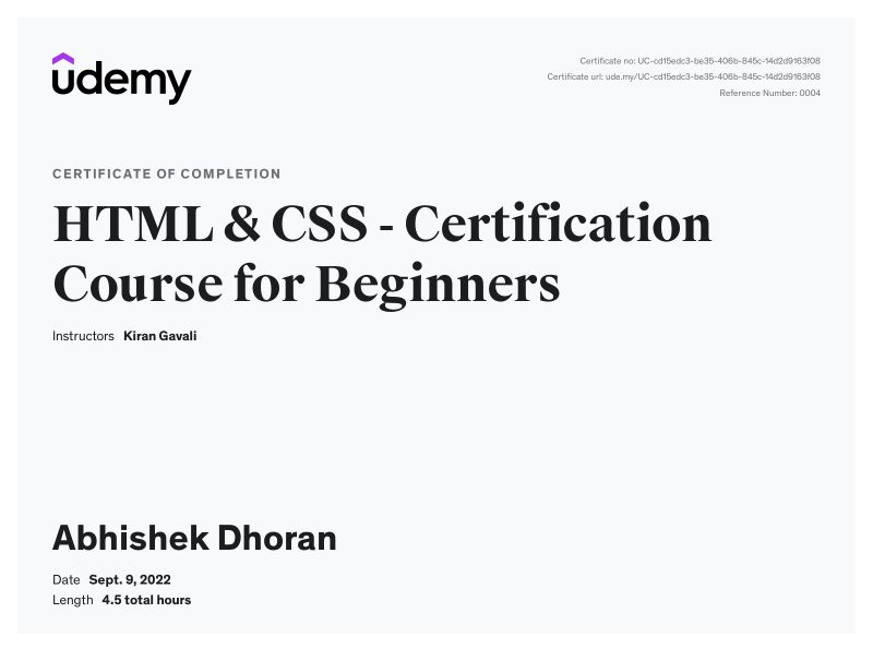 Completed the HTML & CSS Course. | Abhishek Dhoran Completed the HTML & CSS Course. | Abhishek Dhoran