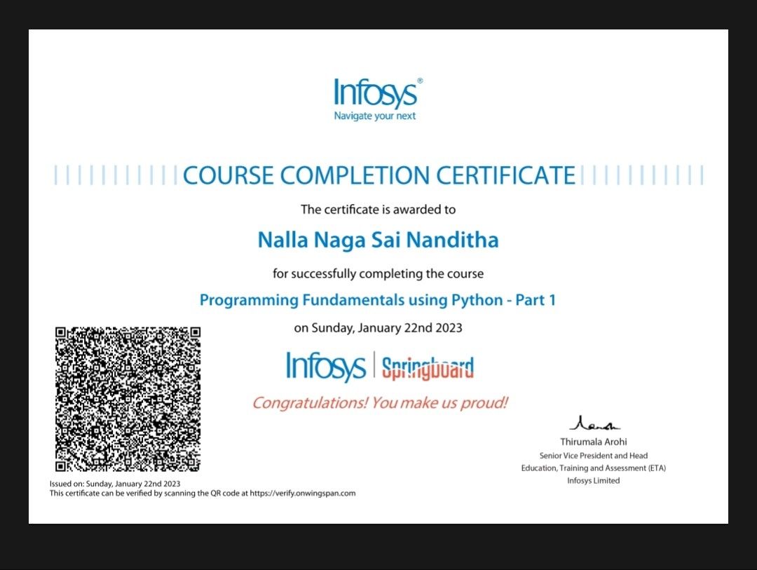 Naga Sai Nanditha Nalla on LinkedIn: #infosysspringboard #python # ... Naga Sai Nanditha Nalla on LinkedIn: #infosysspringboard #python # ...