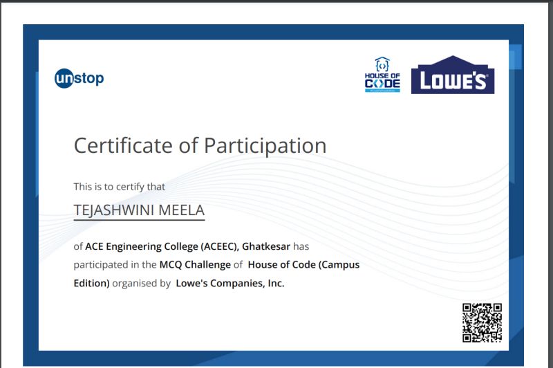 Tejashwini Meela on LinkedIn: #unstop #houseofcode #lowes #certificate Tejashwini Meela on LinkedIn: #unstop #houseofcode #lowes #certificate