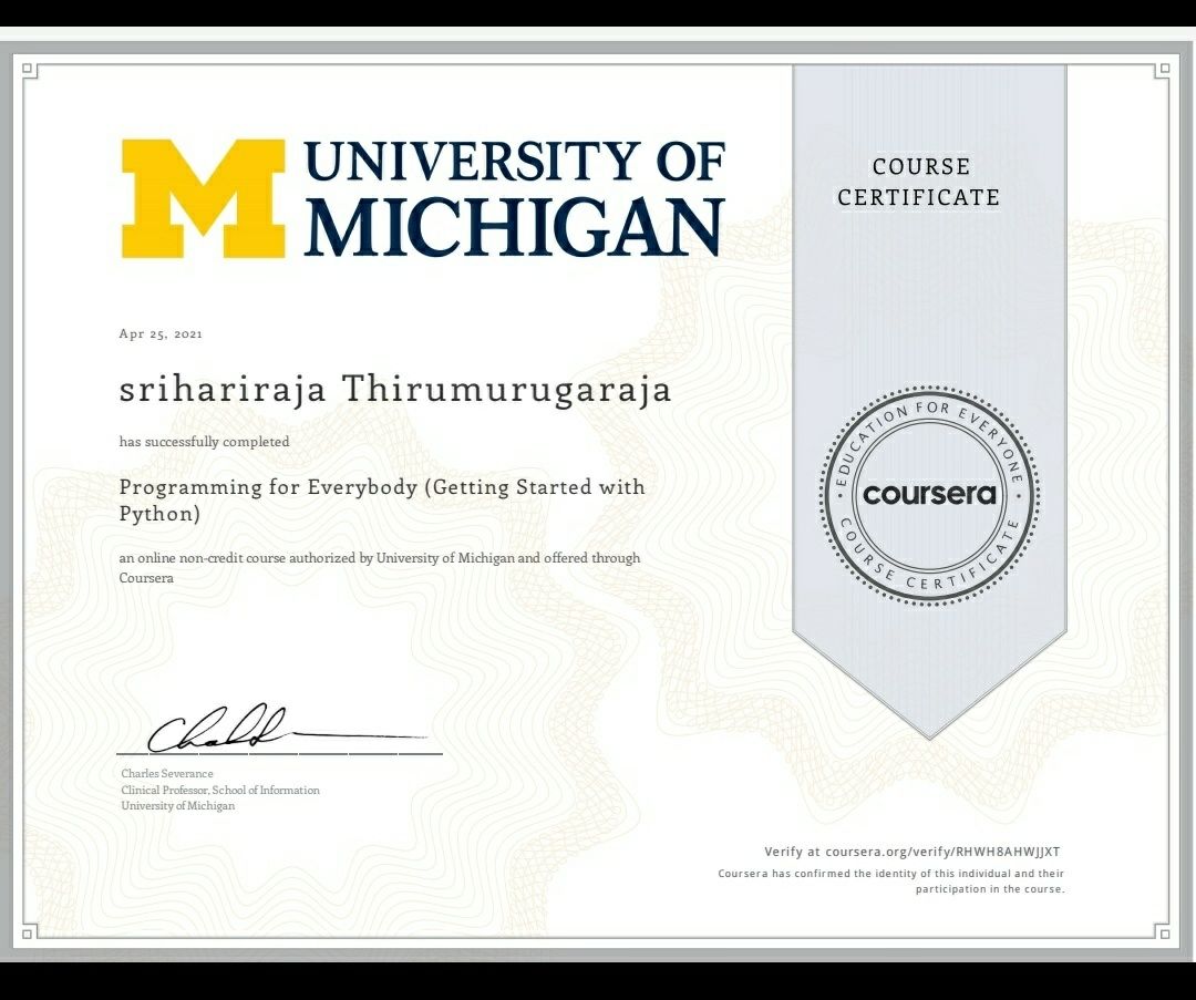 #python #universityofmichigan #coursera | Sri Hari Raja Thirumurugaraja #python #universityofmichigan #coursera | Sri Hari Raja Thirumurugaraja