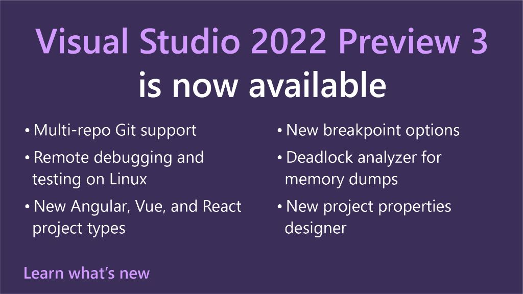 Microsoft Visual Studio on LinkedIn: Visual Studio 2022 Preview 3 is ... Microsoft Visual Studio on LinkedIn: Visual Studio 2022 Preview 3 is ...