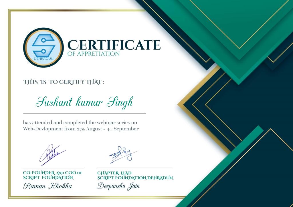 Completed webinar on web development | Sushant Kumar Singh Completed webinar on web development | Sushant Kumar Singh