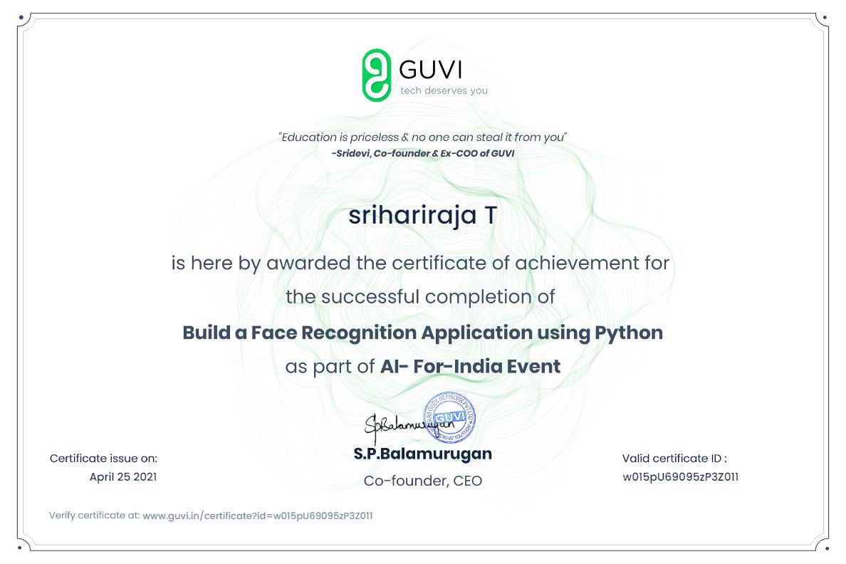 Sri Hari Raja Thirumurugaraja on LinkedIn: #guvi #facerecognition # ... Sri Hari Raja Thirumurugaraja on LinkedIn: #guvi #facerecognition # ...