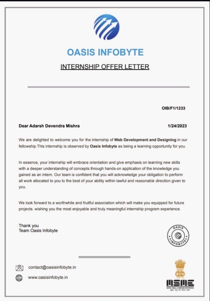 Adarsh Mishra on LinkedIn: #internship #webdevelopment #oasisinfobyte Adarsh Mishra on LinkedIn: #internship #webdevelopment #oasisinfobyte