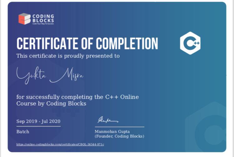 Yukta Mishra on LinkedIn: I successfully completed my C++ online coding ... Yukta Mishra on LinkedIn: I successfully completed my C++ online coding ...
