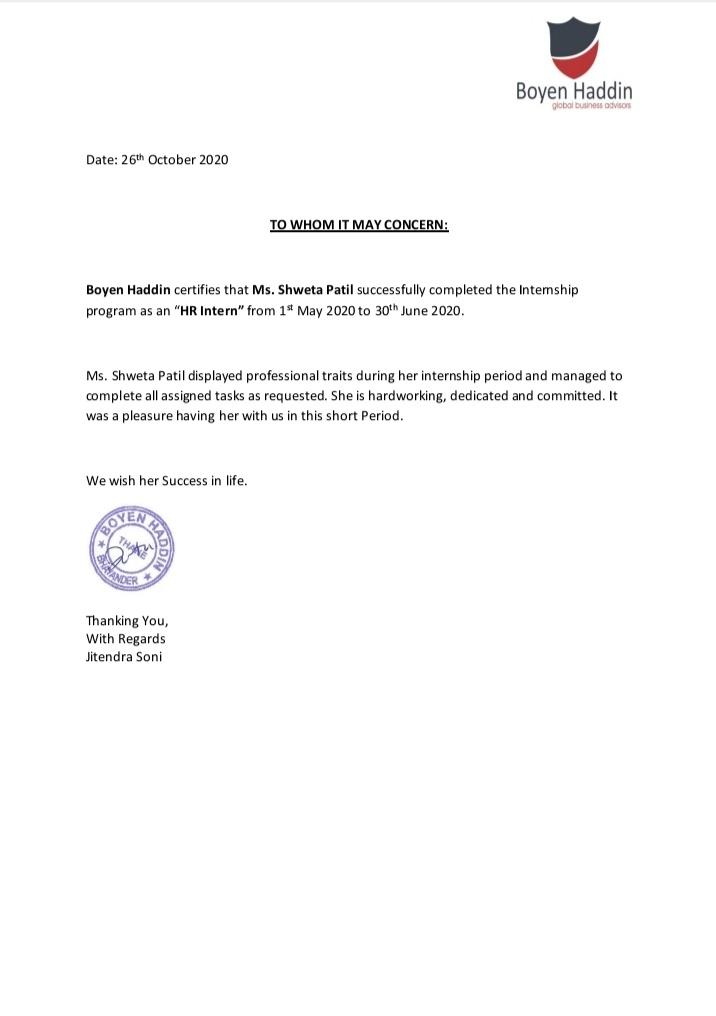Summer internship certificate | Shweta Patil Summer internship certificate | Shweta Patil