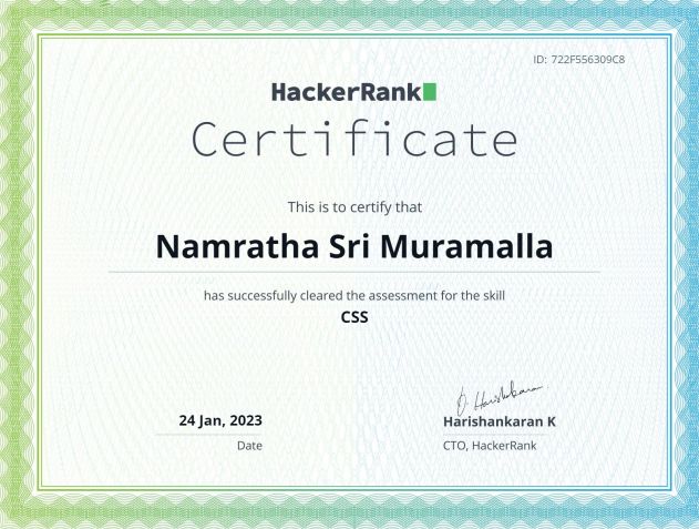 Namratha Sri Muramalla on LinkedIn: #hackerrank #css Namratha Sri Muramalla on LinkedIn: #hackerrank #css