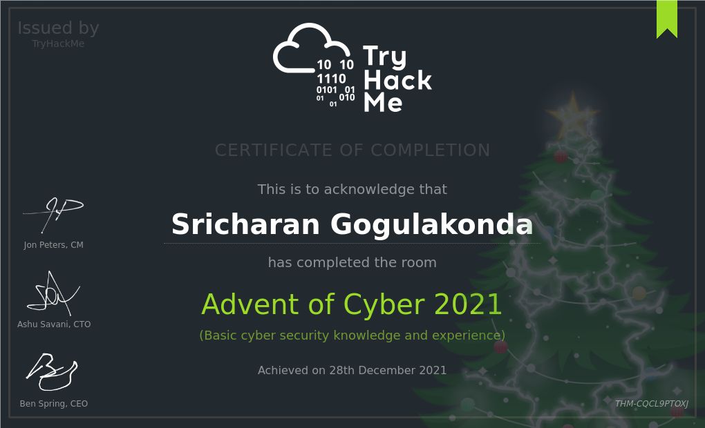 Sricharan Gogulakonda on LinkedIn: #tryhackme #adventofcyber3 Sricharan Gogulakonda on LinkedIn: #tryhackme #adventofcyber3