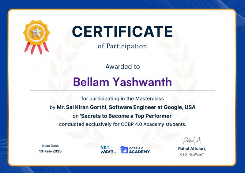 Yashwanth Bellam on LinkedIn: #ccbp #nxtwave Yashwanth Bellam on LinkedIn: #ccbp #nxtwave