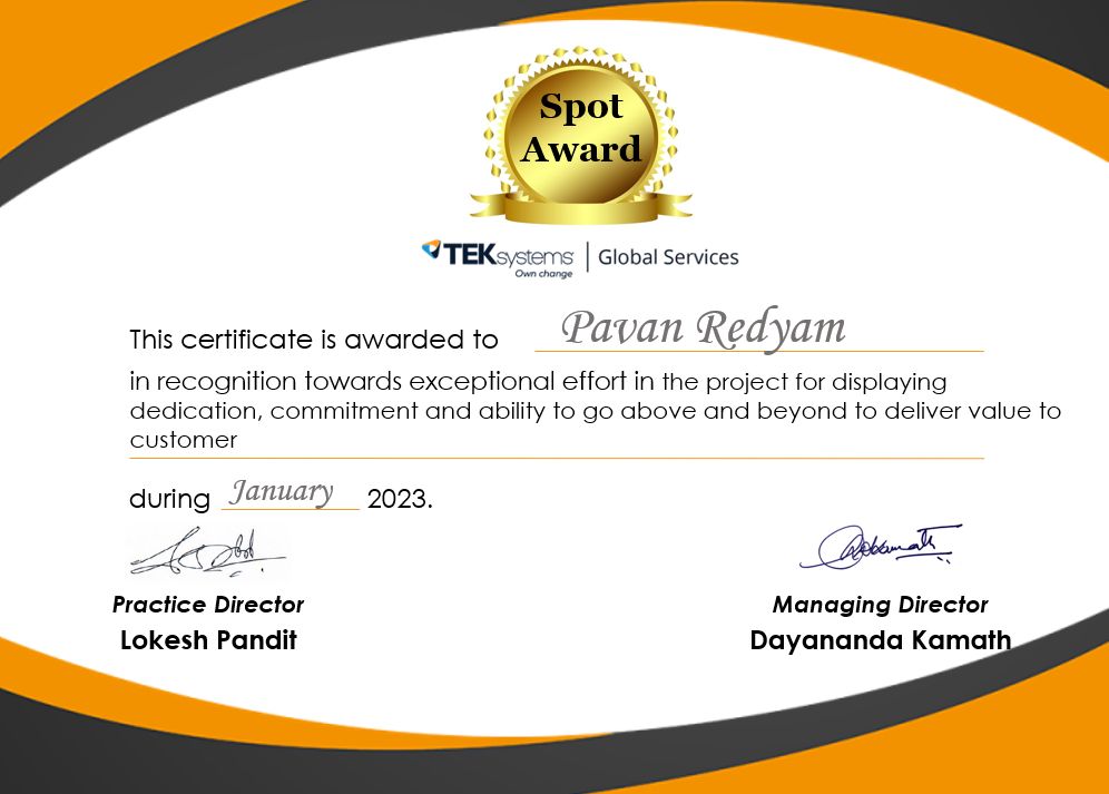 Pavan Kumar Reddy R on LinkedIn: Spot Award Pavan Kumar Reddy R on LinkedIn: Spot Award