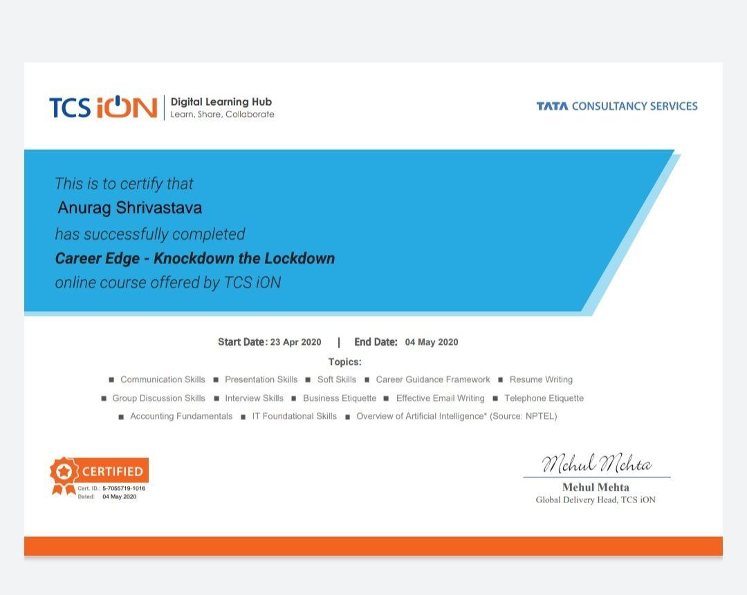 Anurag Shrivastava on LinkedIn: #tcs #knockdownthelockdown #certificate ... Anurag Shrivastava on LinkedIn: #tcs #knockdownthelockdown #certificate ...