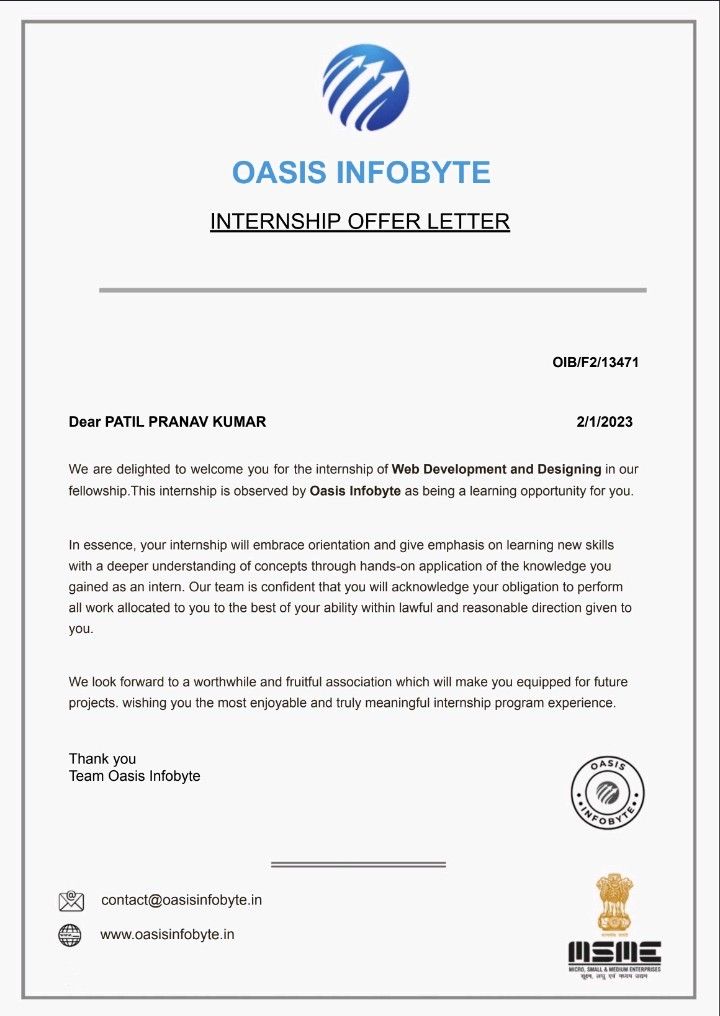 Pranav Patil on LinkedIn: #oasisinfobyte #webdevelopment #internship Pranav Patil on LinkedIn: #oasisinfobyte #webdevelopment #internship