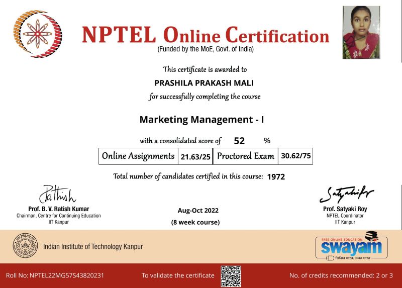 Prashila Mali on LinkedIn: #nptel #certificate #marketingmanagement Prashila Mali on LinkedIn: #nptel #certificate #marketingmanagement
