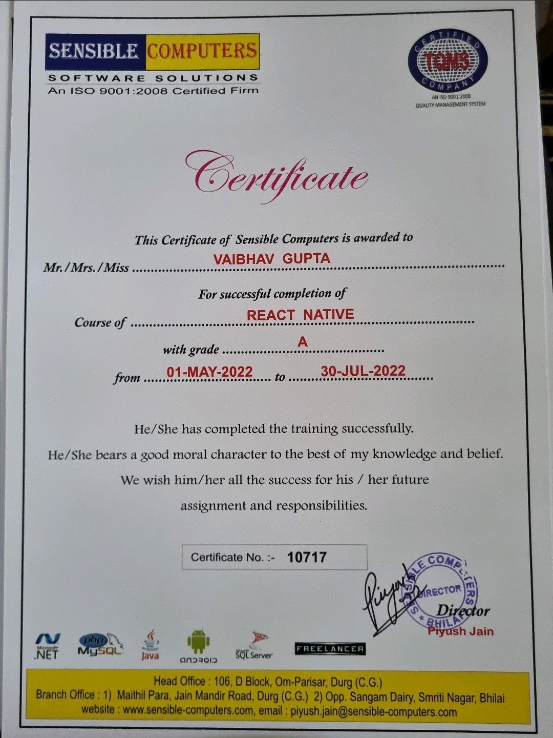 #reactnative #certificate | Vaibhav Gupta #reactnative #certificate | Vaibhav Gupta