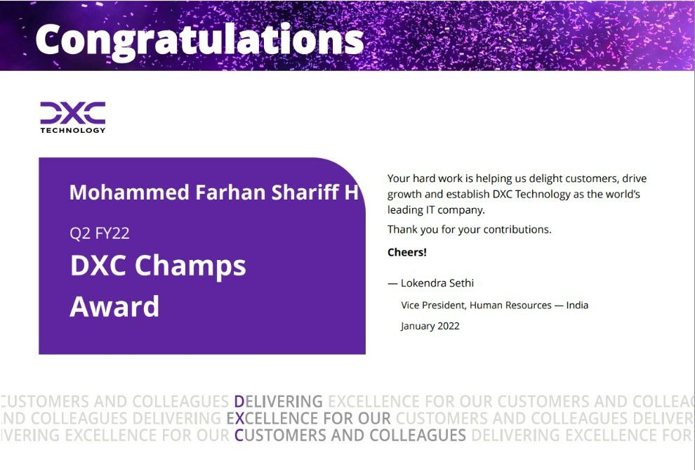 Mohammed Farhan Shariff H I on LinkedIn: #thankyou #dxctechnology # ... Mohammed Farhan Shariff H I on LinkedIn: #thankyou #dxctechnology # ...