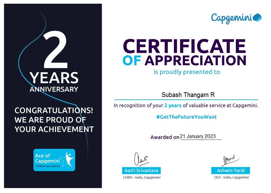 Subash Thangam R on LinkedIn: #capgeminiindia #workanniversary Subash Thangam R on LinkedIn: #capgeminiindia #workanniversary