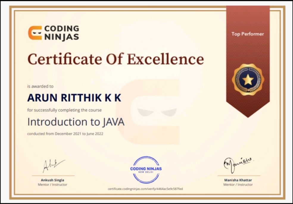 ARUN RITTHIK K K on LinkedIn: #java #coding #certification #codingninjas ARUN RITTHIK K K on LinkedIn: #java #coding #certification #codingninjas