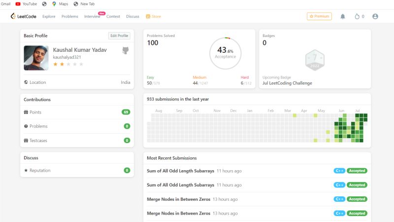 recently solved 100 problems on leetcode . | Kaushal Kumar Yadav recently solved 100 problems on leetcode . | Kaushal Kumar Yadav