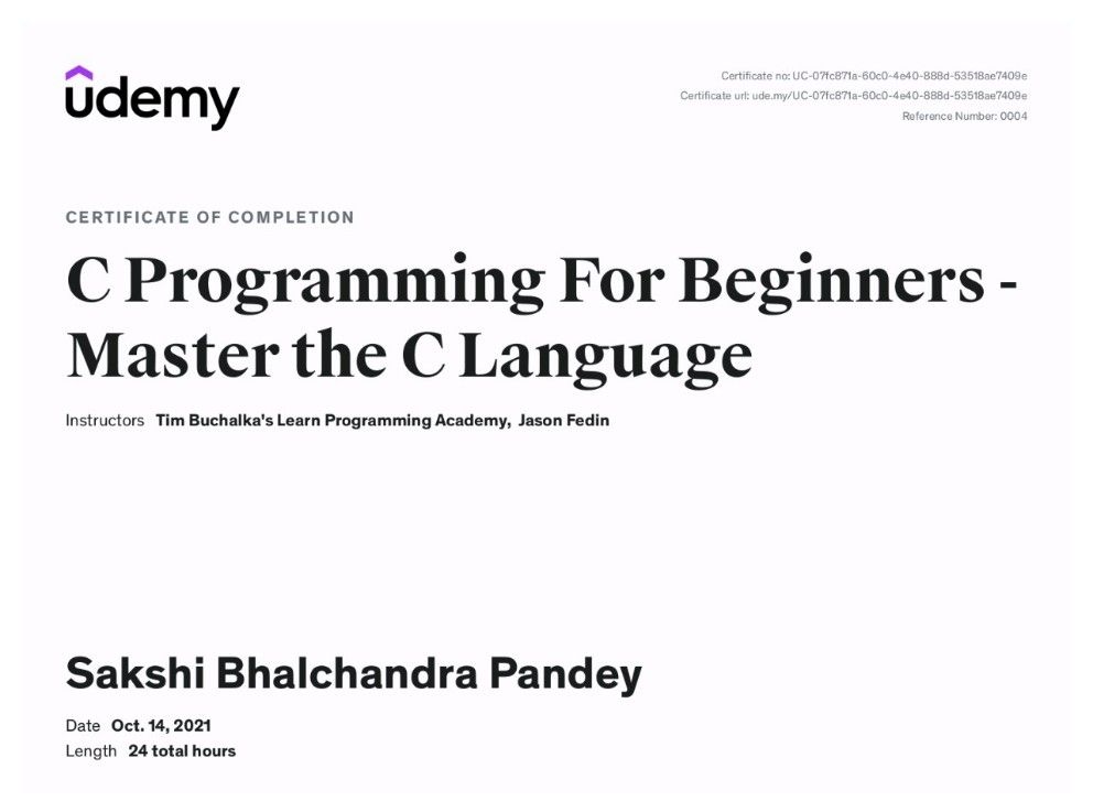 had earned certificate of completion in c programming for beginners ... had earned certificate of completion in c programming for beginners ...