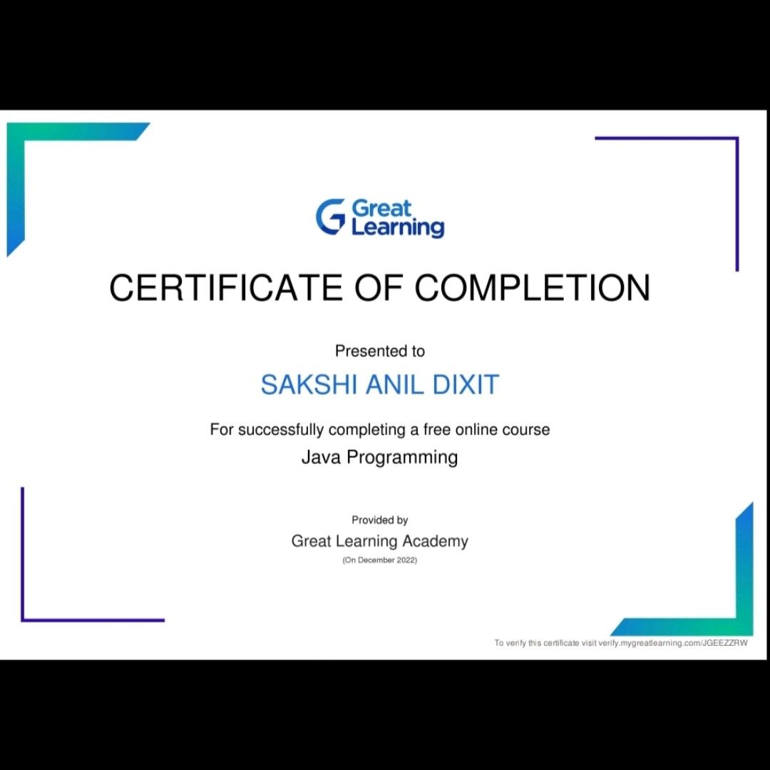 Sakshi Dixit on LinkedIn: Successfully completed Java programming at ... Sakshi Dixit on LinkedIn: Successfully completed Java programming at ...