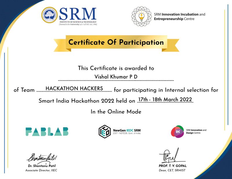 Vishal Khumar P D on LinkedIn: #hackathon2022 #srmuniversity Vishal Khumar P D on LinkedIn: #hackathon2022 #srmuniversity