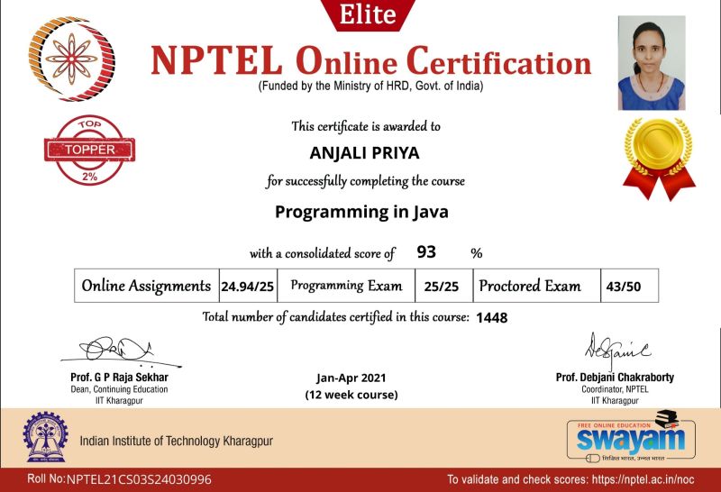 Anjali Priya on LinkedIn: #programming #java #nptel #gold #mitmuzaffarpur Anjali Priya on LinkedIn: #programming #java #nptel #gold #mitmuzaffarpur